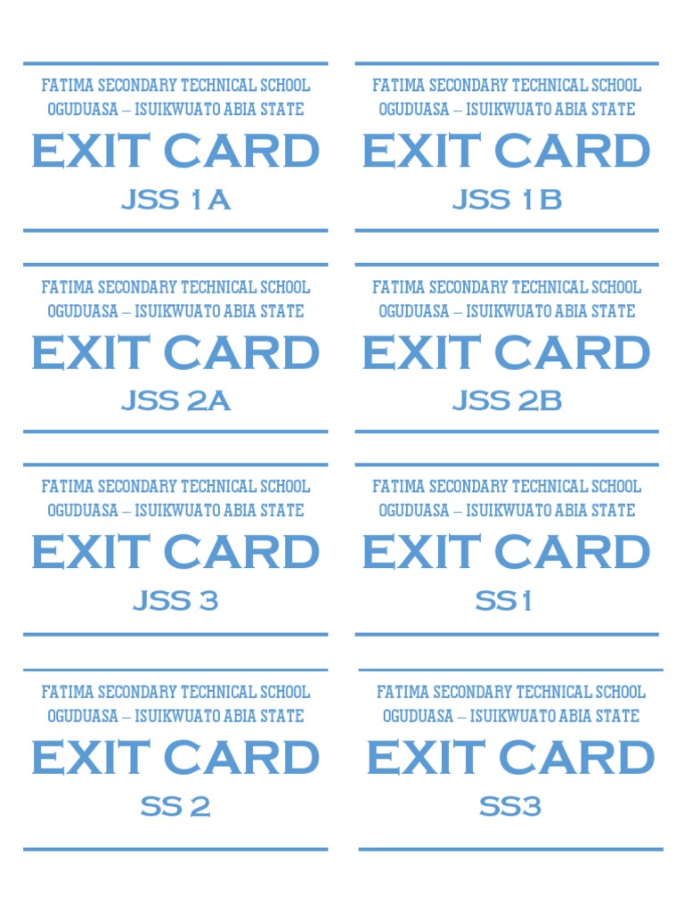 Exit Cards for Fatima School | PDF