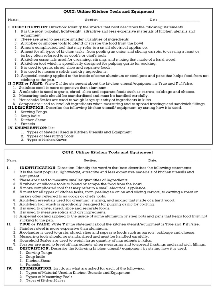 Quiz Lesson 1 Commercial Cooking | PDF | Kitchen Utensil | Cookware And ...