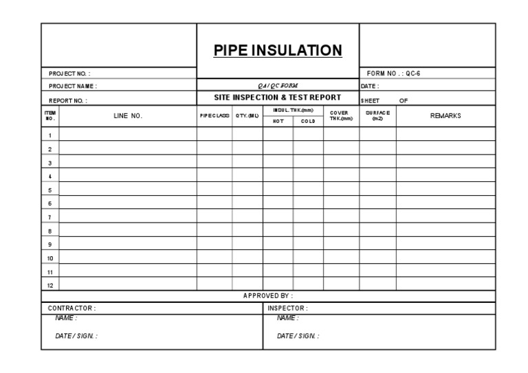 Pipe Insulation: Qa / QC Form | PDF