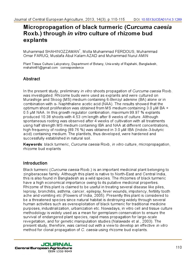 Micropropagation of Black Turmeric (Curcuma Caesia Roxb.) Through in Vitro Culture of Rhizome ...