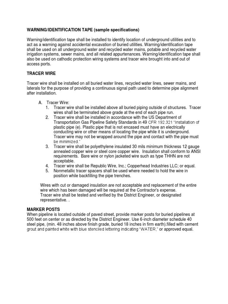 Warning Line Tracer Wire Spec | PDF | Wire | Pipe (Fluid Conveyance)
