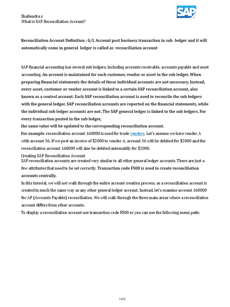 What Is SAP Reconciliation Account - ERProof | PDF | Accounts Payable ...