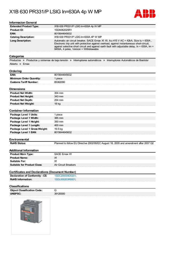 X1B 630 PR331/P LSIG in 630A 4p W MP: Informacion General | PDF