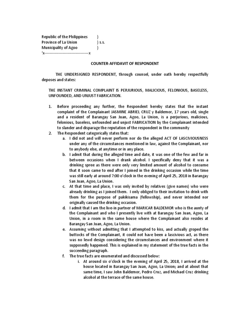 Exercise Counter Affidavit Acts of Lasciviousness | Justice | Crime ...