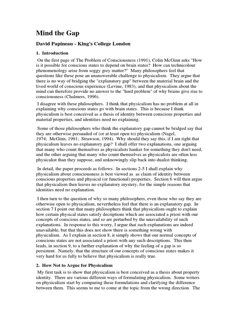 Papineau - Mind The Gap PDF | PDF | Causality | Consciousness