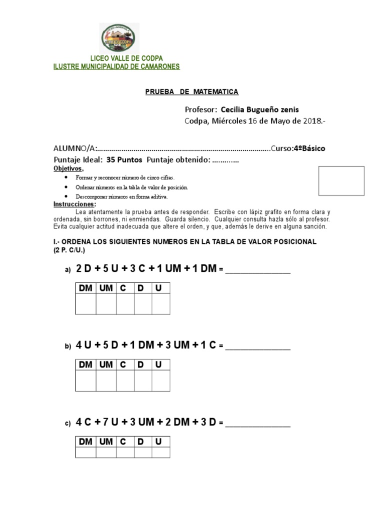 Prueba De Valor Posicional Hojas De Trabajo De Valor Posicional: