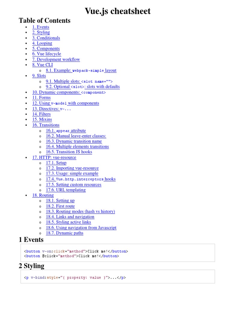 Vue.js Cheatsheet: Events, Components, Directives | PDF | Routing | Information Technology ...