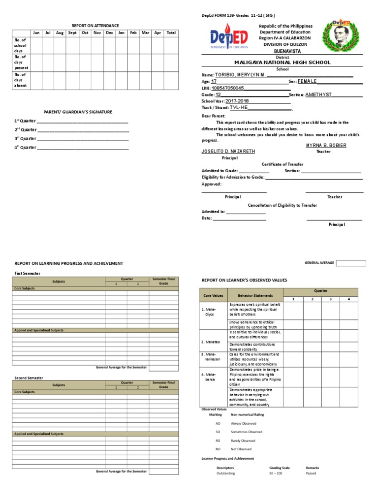 Deped Form 138 - SHS | PDF | Change | Social Institutions