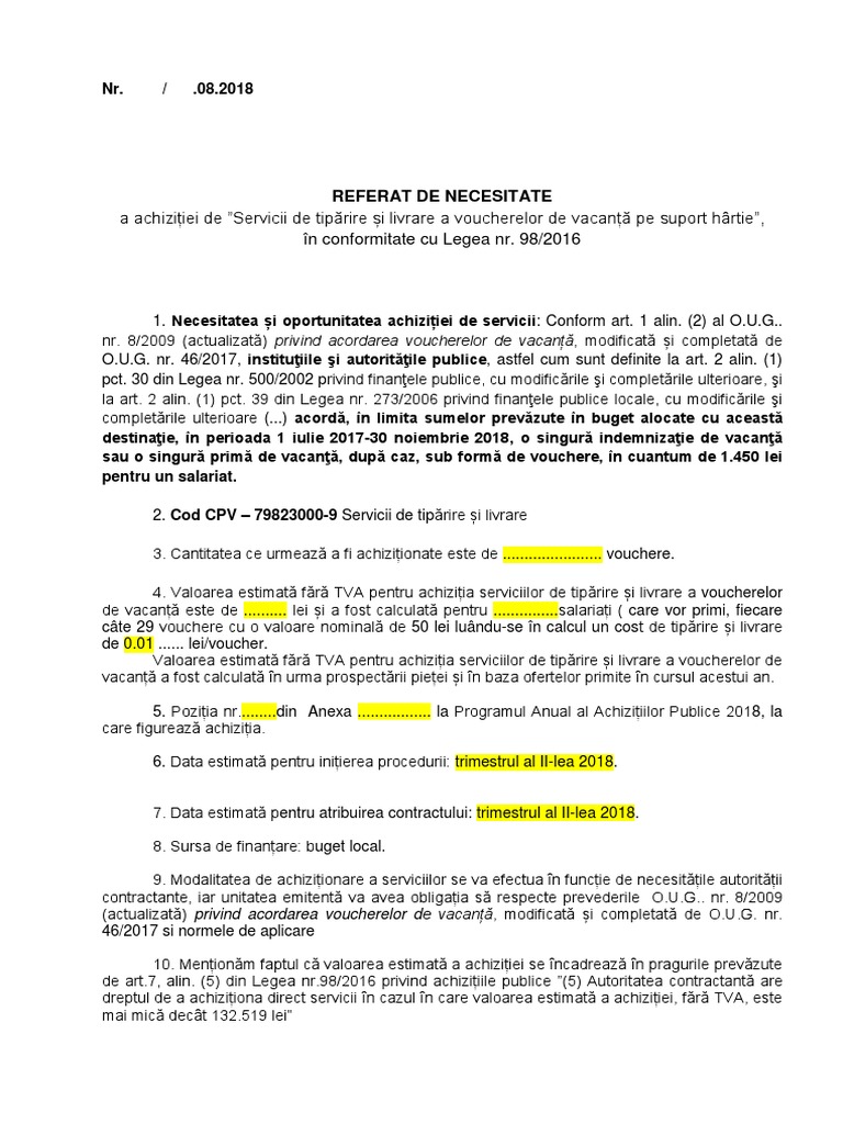 Referat Necesitate - ACHIZITIE - Model | PDF