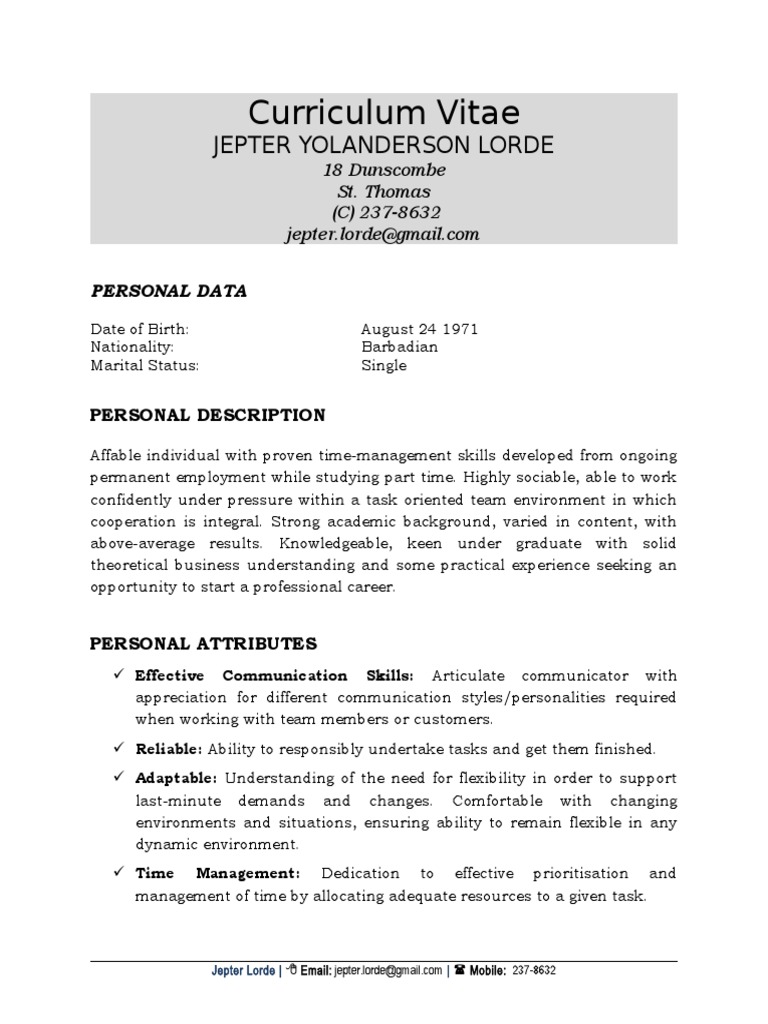 Jepter Lorde Curriculum Vitae | PDF | Barbados | Academic Degree