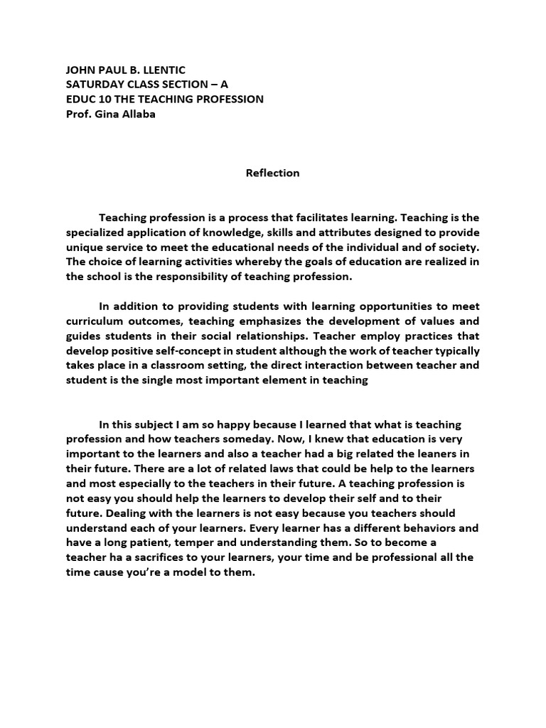 Teaching Profession Reflection | PDF