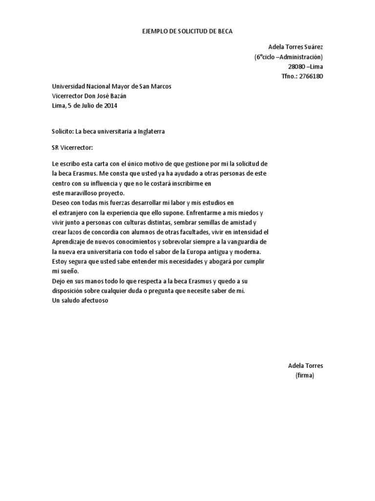 Ejemplo de Solicitud de Beca | Correo | Lima