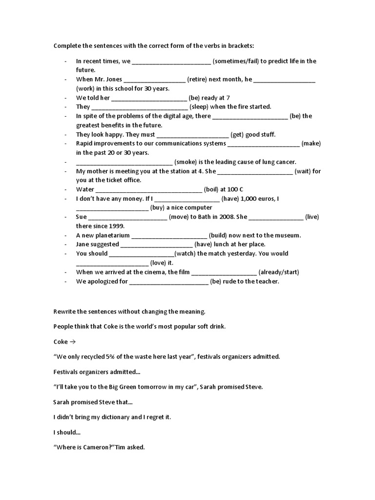 Complete Sentences with Verb Forms | PDF