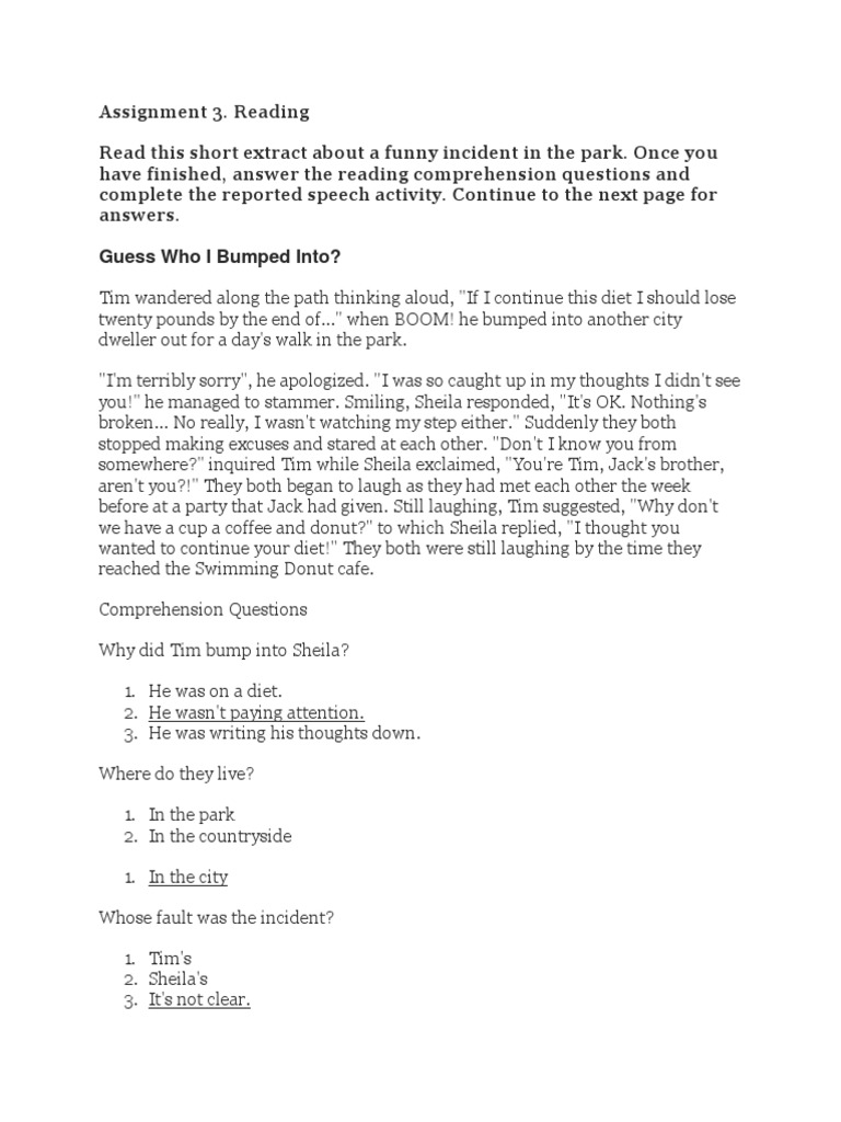 Assignment 3. Reading Comprehension. Reported Speech | PDF