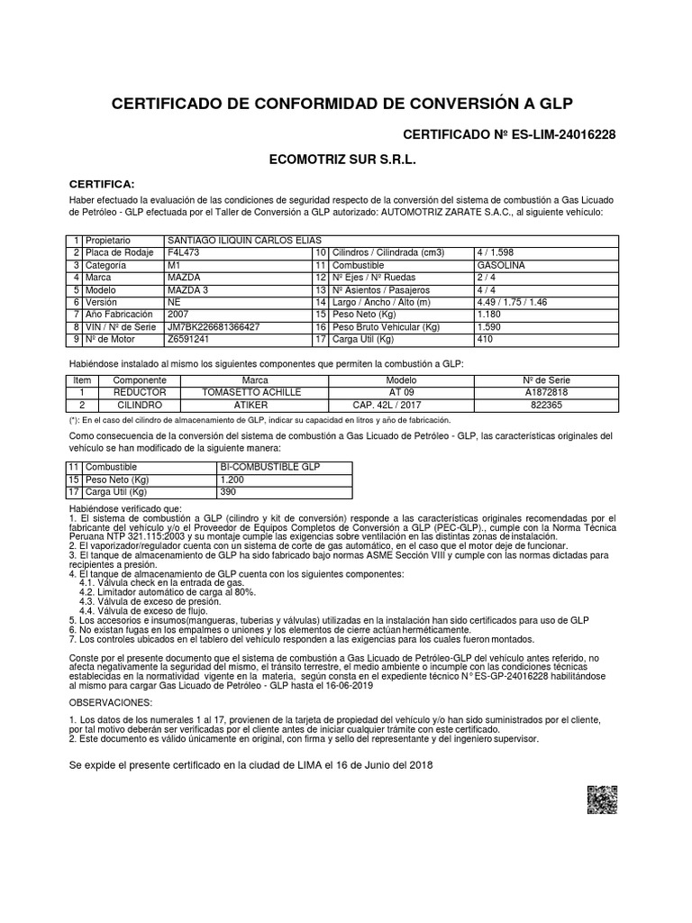 Certificado de Conversión a GLP | PDF | Gas de petróleo licuado | Motor ...