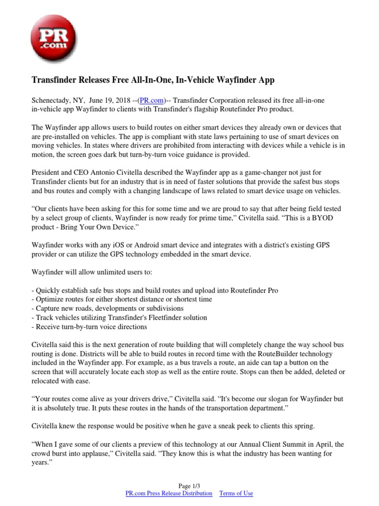 Transfinder Releases Free All-In-One, In-Vehicle Wayfinder App | PDF ...