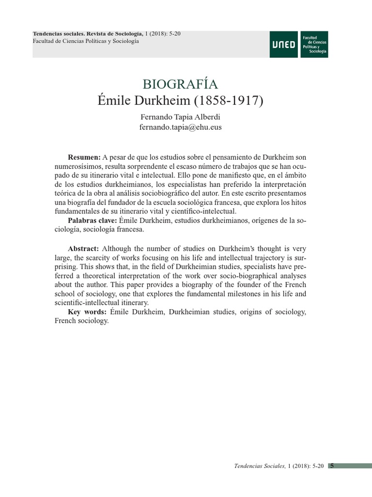 Biografía Emile Durkheim | Descargar gratis PDF | Emile Durkheim | Sociología