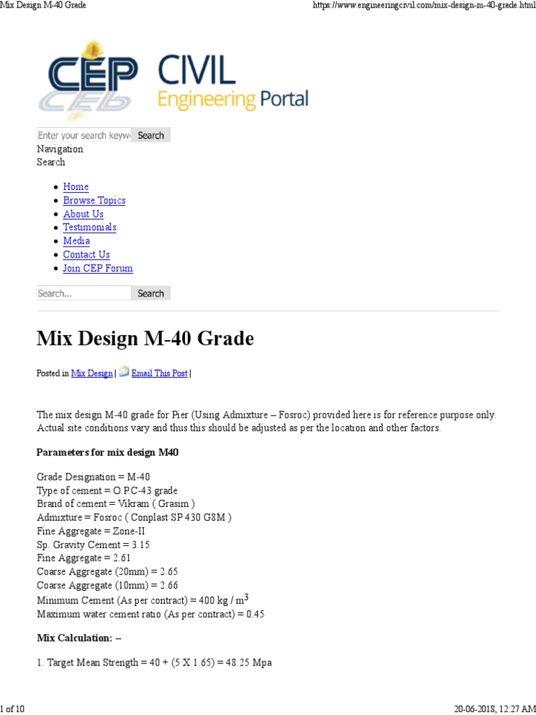 Mix Design M-40 Grade | PDF | Civil Engineering | Kilogram