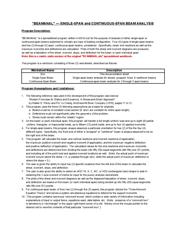 Comprehensive Beam Analysis: A Spreadsheet Program for the Structural ...