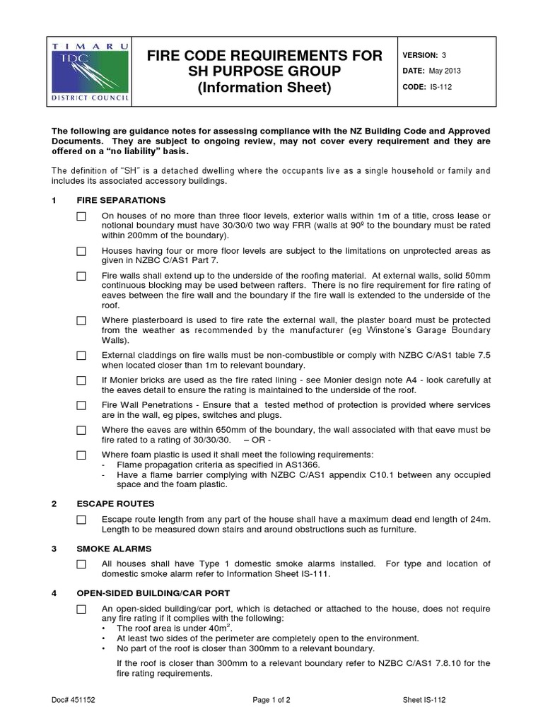 Fire Code Requirements For SH Purpose Group (Information Sheet) | PDF ...