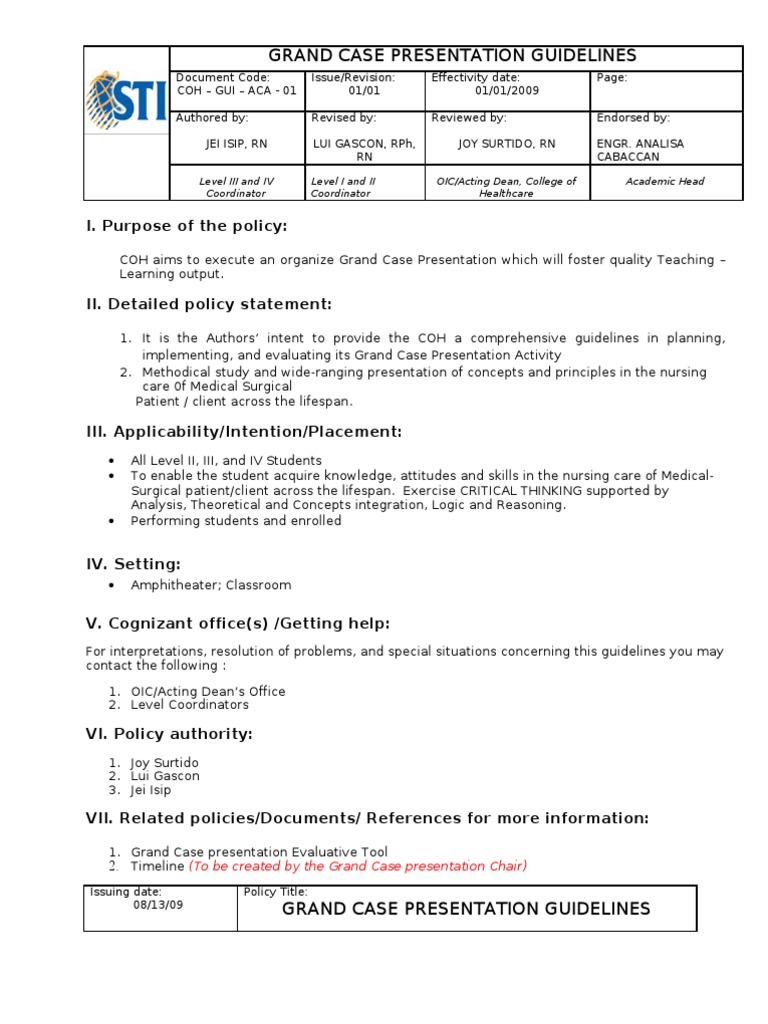 Grand Case Presentation Guidelines | PDF | Nursing | Critical Thinking