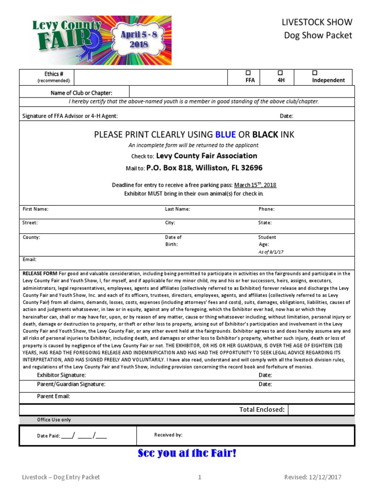 Levy County Dog Show Entry Packet | PDF | Obedience Training | Animals ...