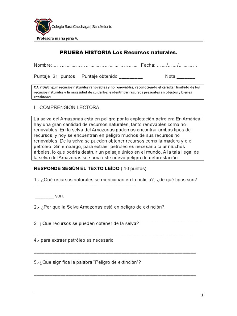 Prueba Recursos Naturales Cuarto Basico | PDF | Selva | Deforestación