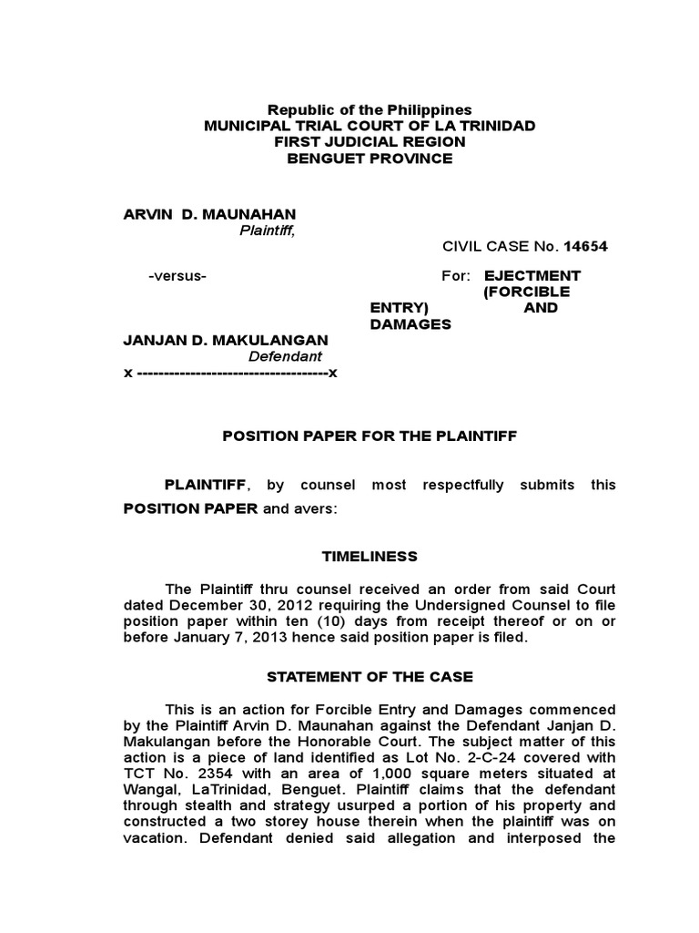 A Dispute Over Property Possession: Plaintiff Seeks Ejectment of ...