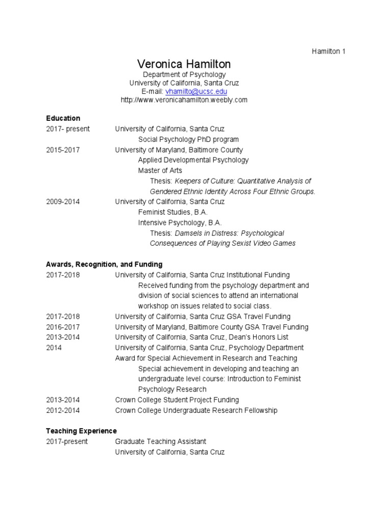 Hamilton Veronica CV 6 | PDF | Women's Studies | Mental Health