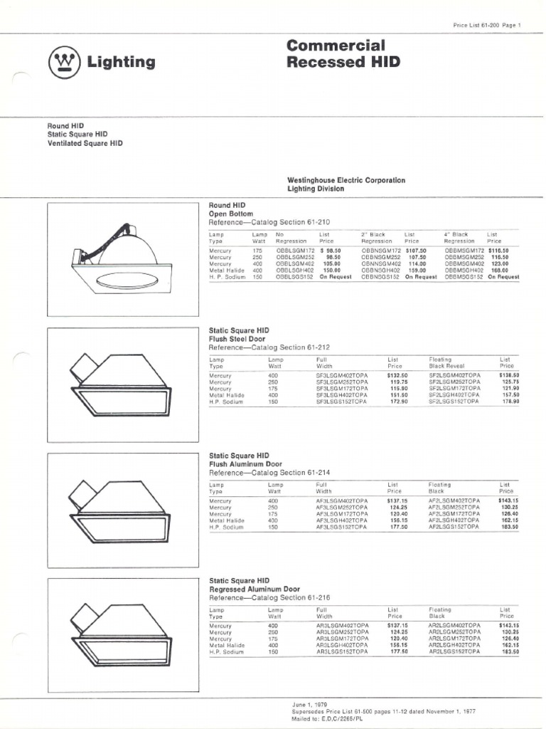 Westinghouse Lighting Price List Commercial Recessed HID 6-79 | PDF ...