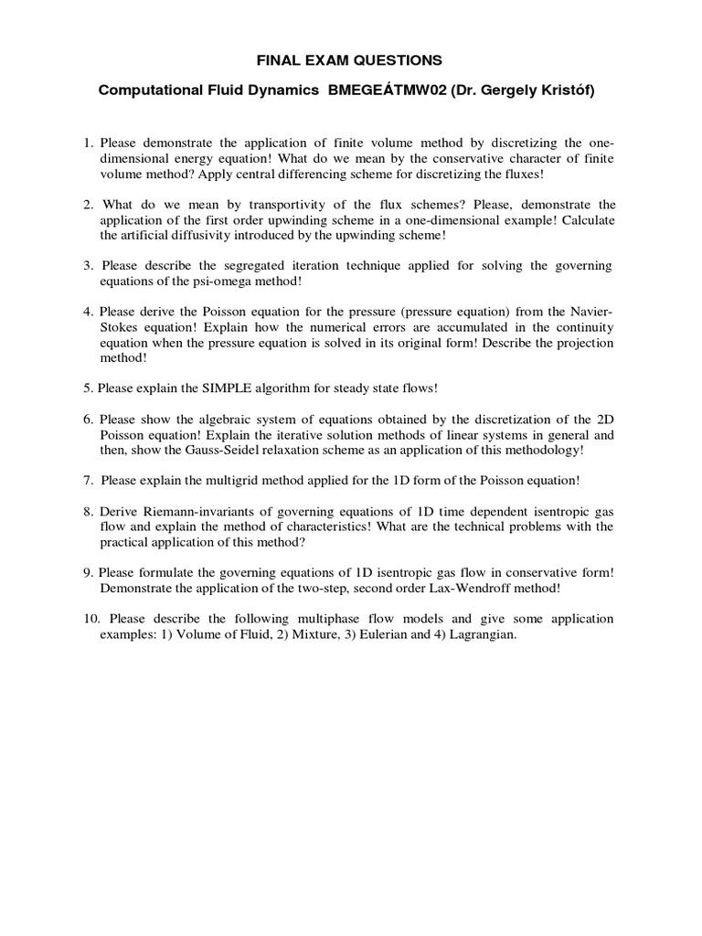 Final Exam Questions Computational Fluid Dynamics BMEGEÁTMW02 (Dr. Gergely Kristóf) | PDF ...