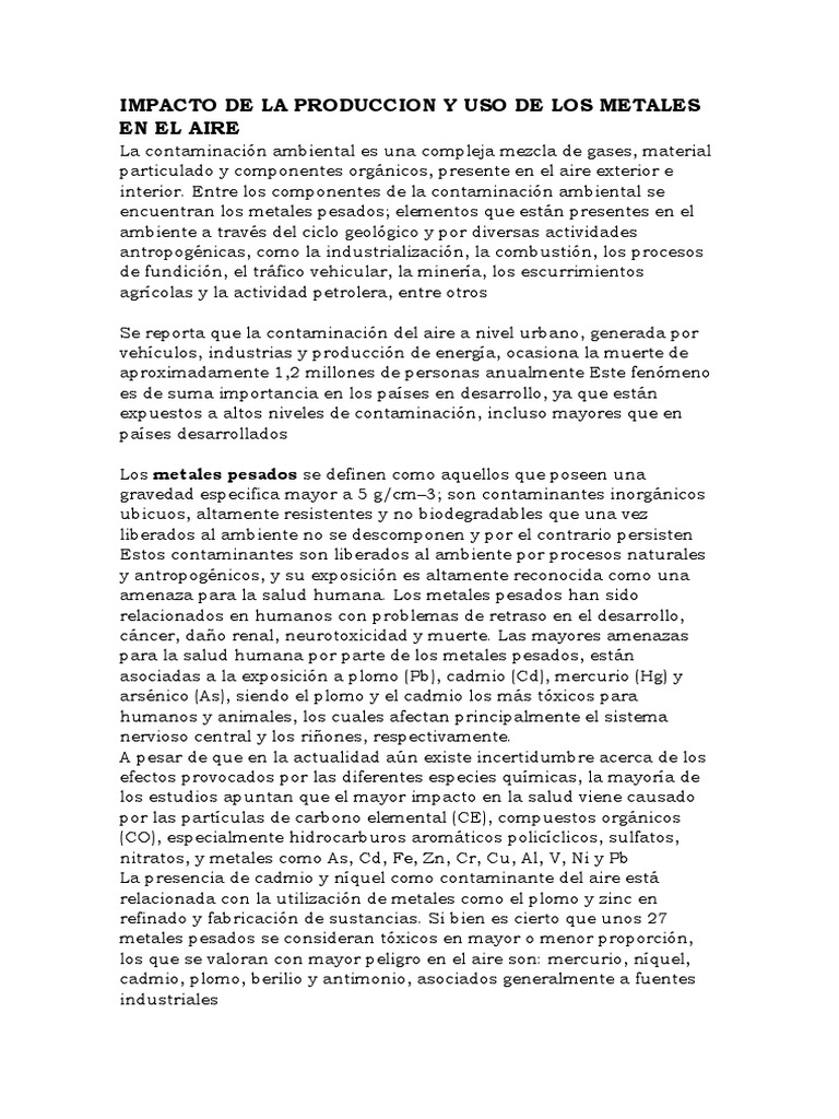 Impacto de La Produccion y Uso de Los Metales en El Aire | PDF ...