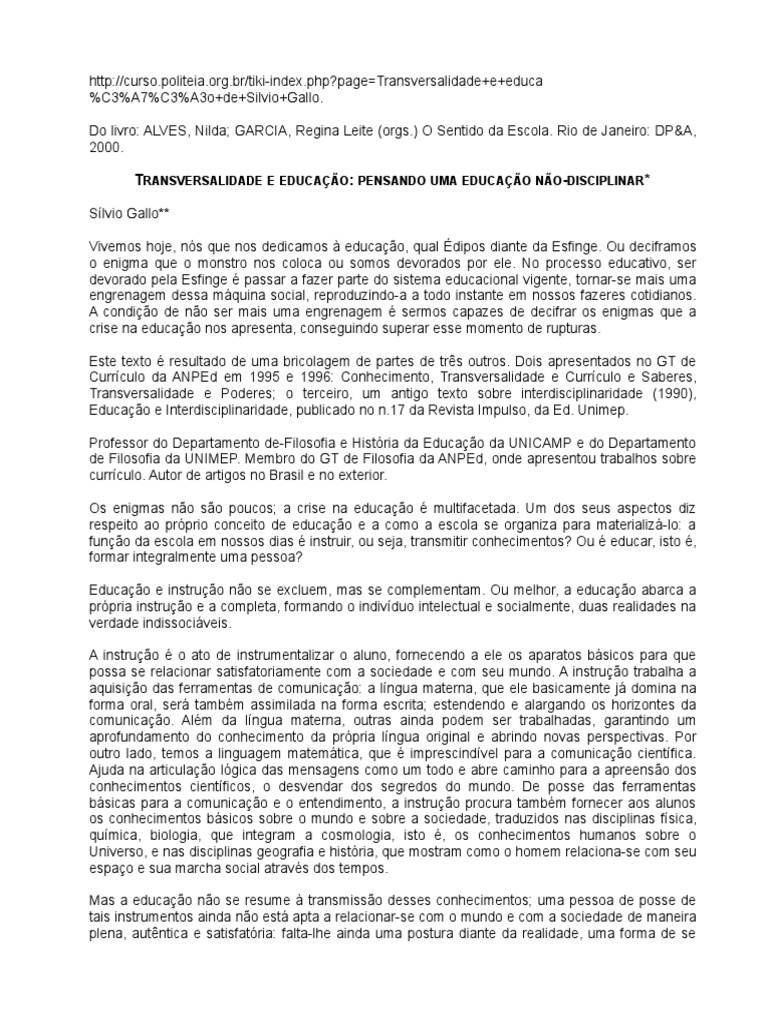 Transversalidade e Educacao Pensando Uma | PDF | Interdisciplinaridade ...