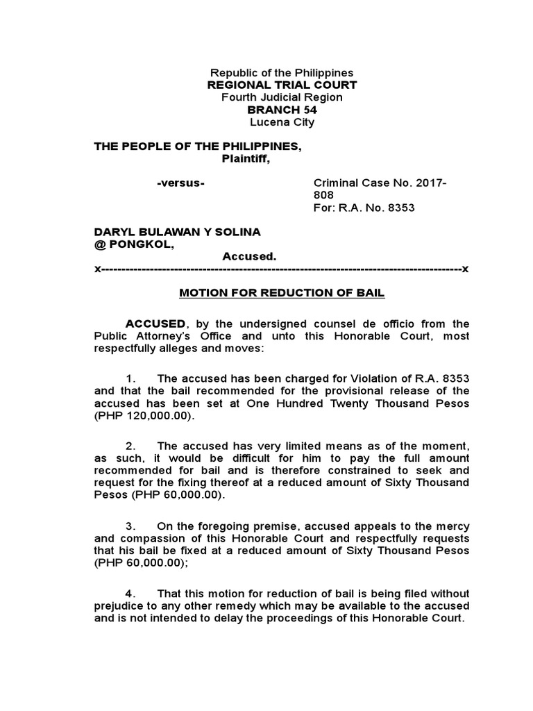 Motion to Reduce PHP120K Bail to PHP60K | PDF | Bail | Public Sphere