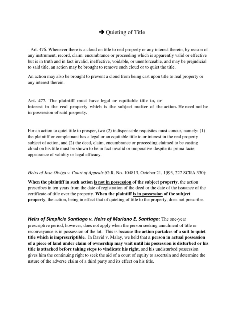 Removing Clouds on Title: An Analysis of the Legal Requirements and Principles for Quieting ...