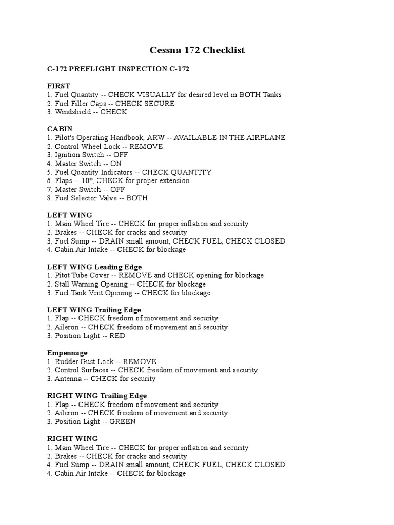 Cessna 172 Checklist: C-172 Preflight Inspection C-172 First | PDF ...