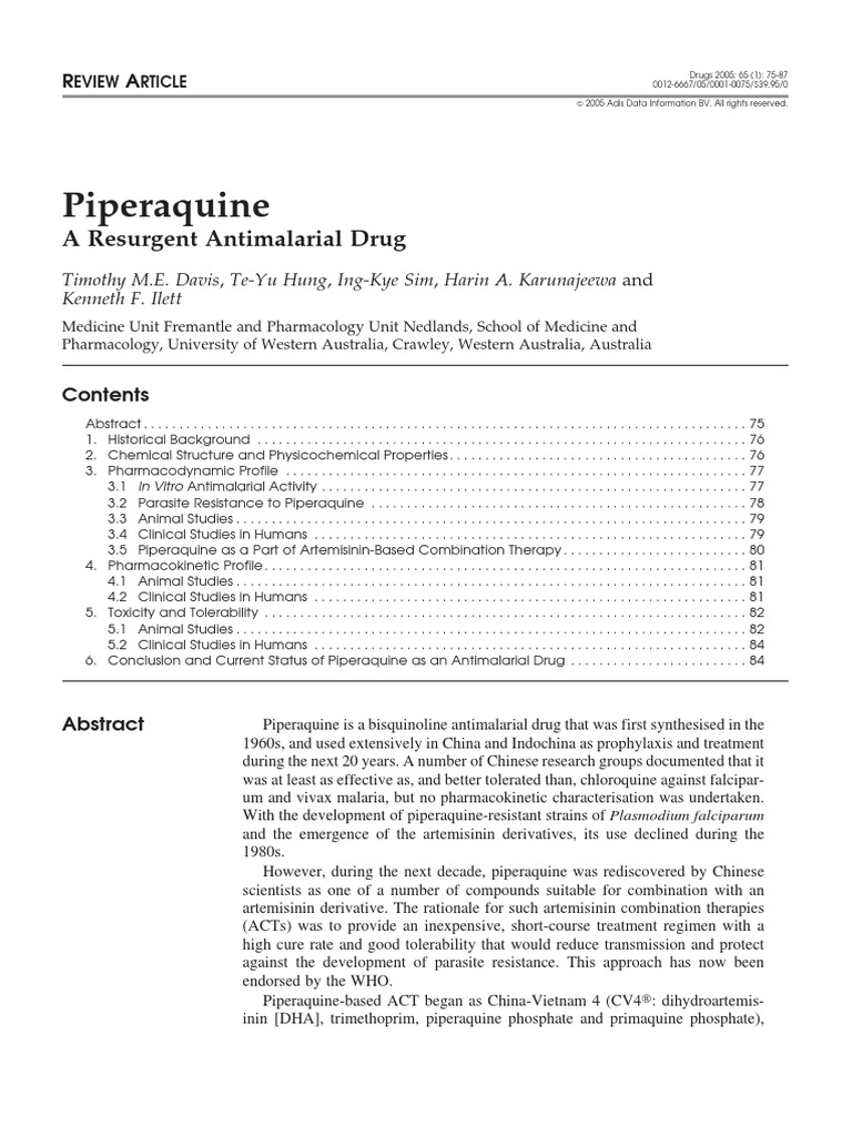 Piperaquine: A Resurgent Antimalarial Drug | PDF | Malaria ...