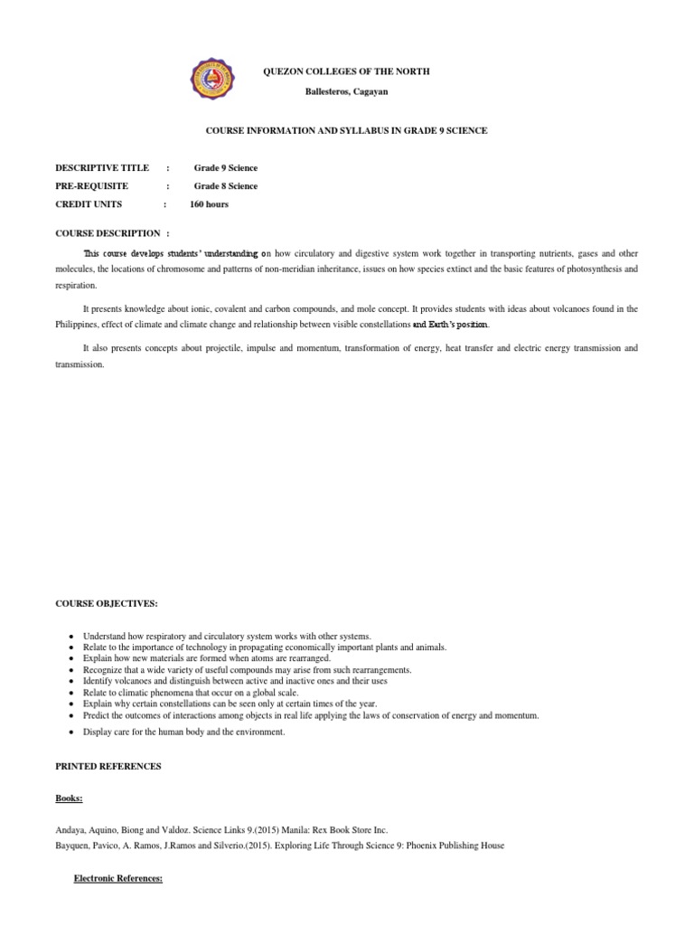 Grade 9 Science Course Syllabus | PDF | Chemical Bond | Chemical Compounds