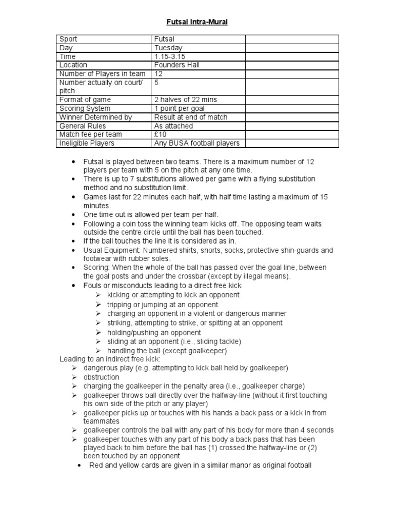 Futsal Intra-Mural Rules Overview | PDF | Teams | Rules