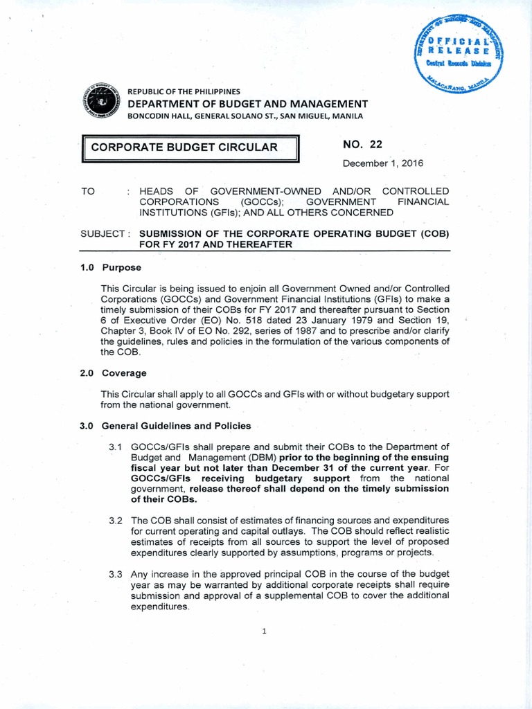 DBM Corp Budget Circular 22 | PDF | Budget | Government