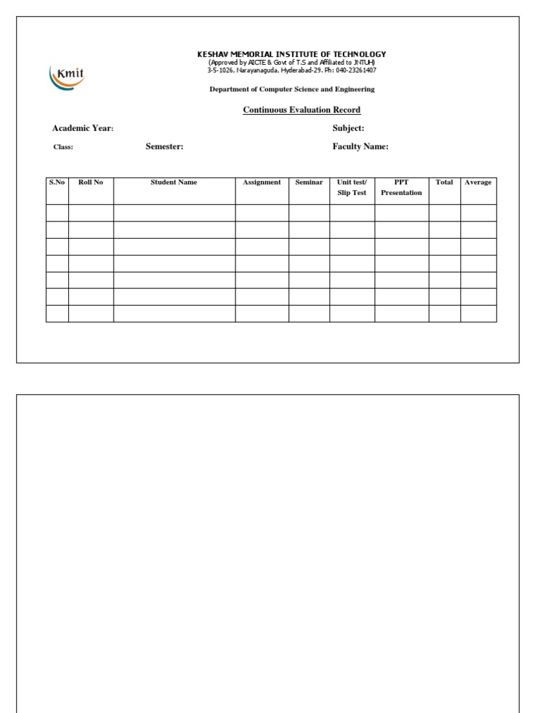 Continuous Evaluation Record Academic Year Subject: Semester: Faculty ...