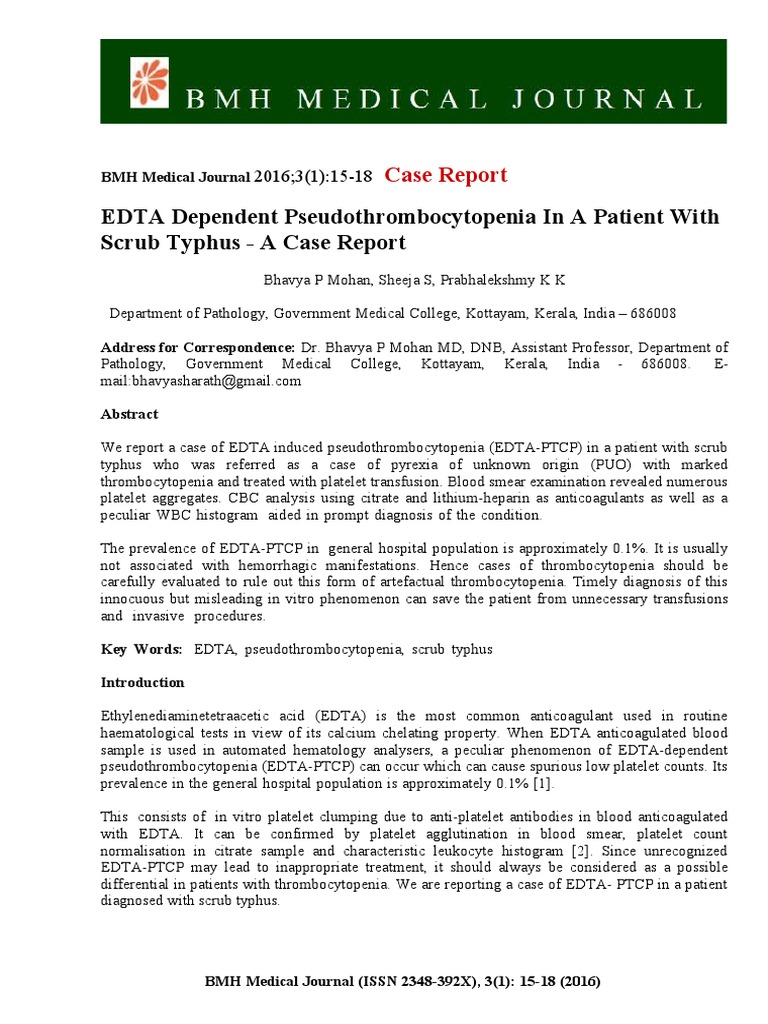 EDTA Dependent Pseudothrombocytopenia in A Patient With Scrub Typhus ...