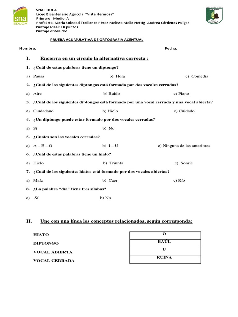 Evaluación Diptongos y Hiatos | PDF | Vocal | Sílaba