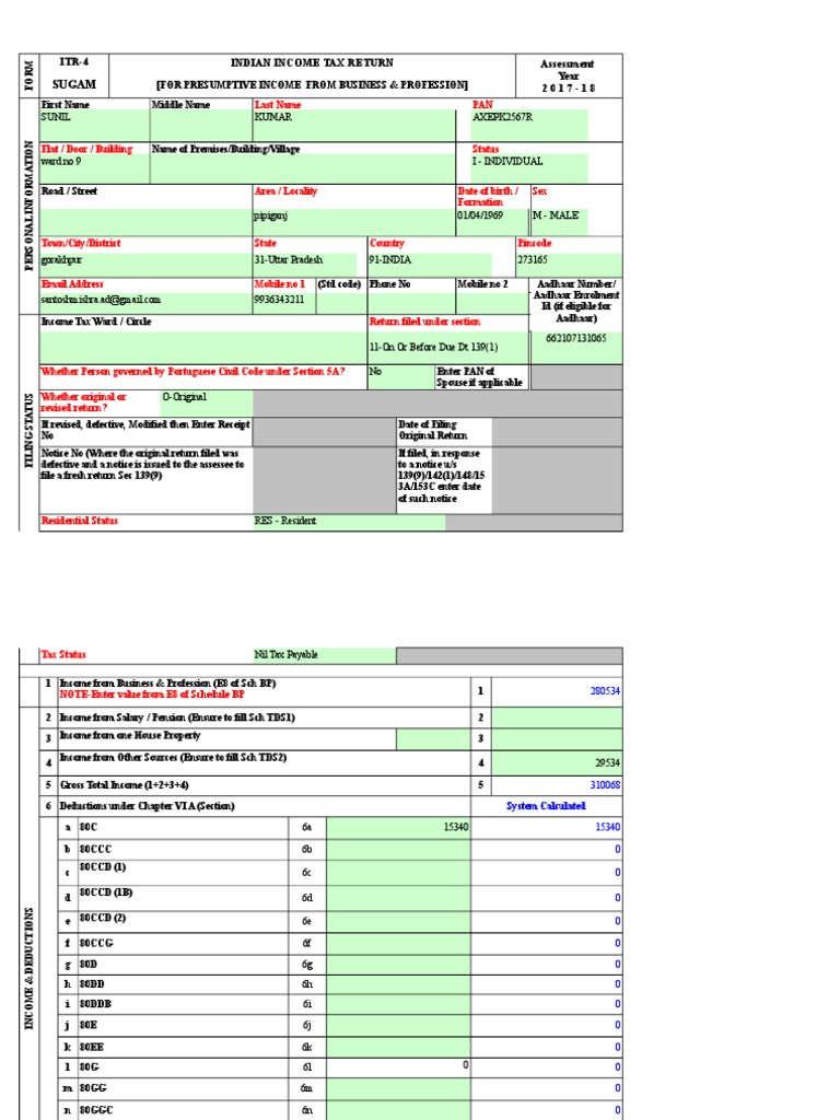 Sugam: ITR-4 Indian Income Tax Return Assessment Year 2 0 1 7 - 1 8 ...