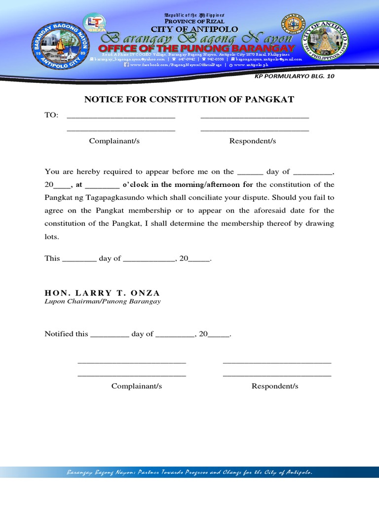 KP Form #10 (Notice For Constitution of Pangkat) | PDF