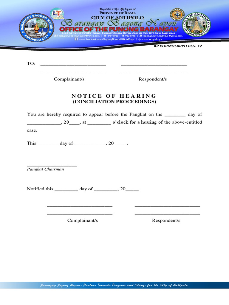KP Form #12 Notice of Hearing (Conciliation Proceedings)