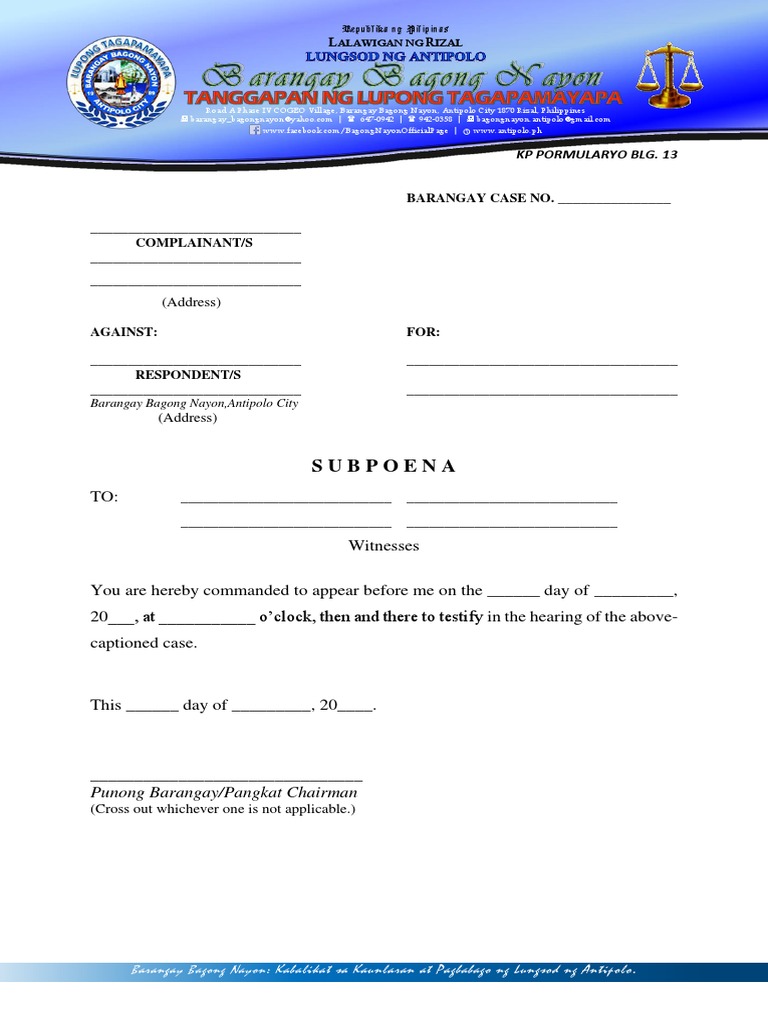 Barangay Subpoena Form Sample | PDF | Law