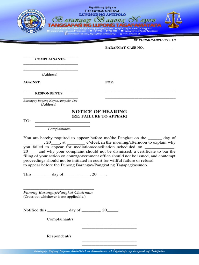 KP Form #18 (Notice of Hearing For Complainant) | PDF | Government | Common Law