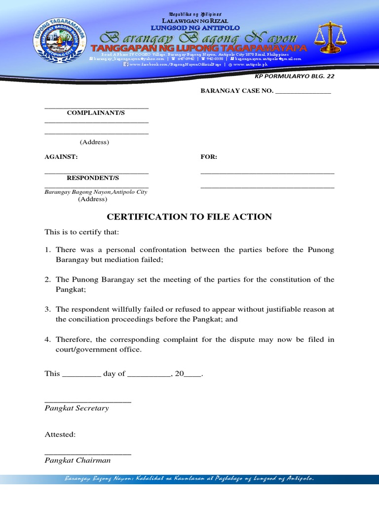 KP Form #22 (Certification To File Action) | PDF | Law
