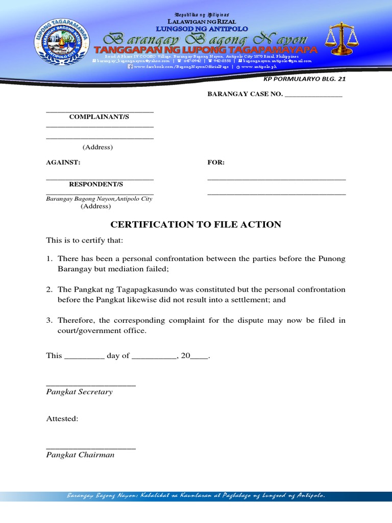 Barangay Certificate to File Action | PDF | Law